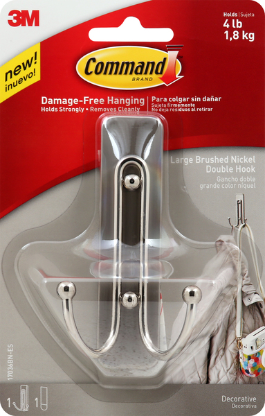 Command Double Hook, Decorative, Brushed Nickel, Large « Discount Drug Mart
